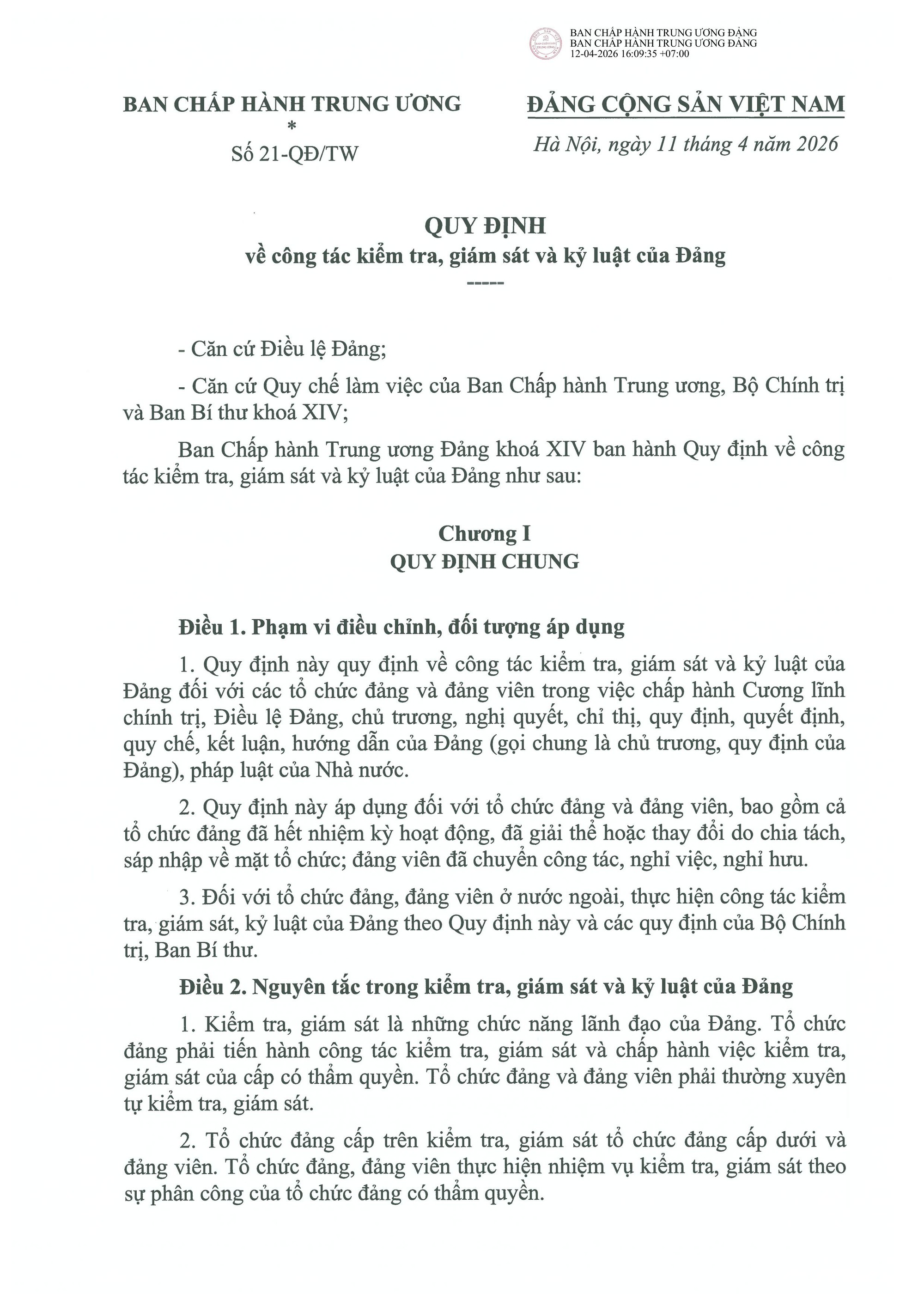 QUY ĐỊNH SỐ 21-QĐ/TW về CÔNG TÁC KIỂM TRA, GIÁM SÁT, KỶ LUẬT CỦA ĐẢNG